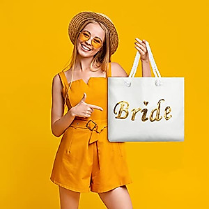 2 Pieces Gold Sequin Bride Tote Bag Canvas Beach Bag Bridal Shower Party Bags Large Wedding Clutch Bag with I Do Makeup Pouch for Engagement Bachelorette Wedding Honeymoon