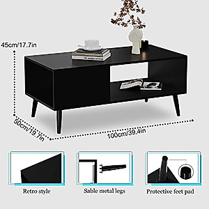 Yusong Modern Wood Coffee Table for Living Room, Retro Mid-Century Center Tables Cocktail Table with Storage Shelf for Reception, Black