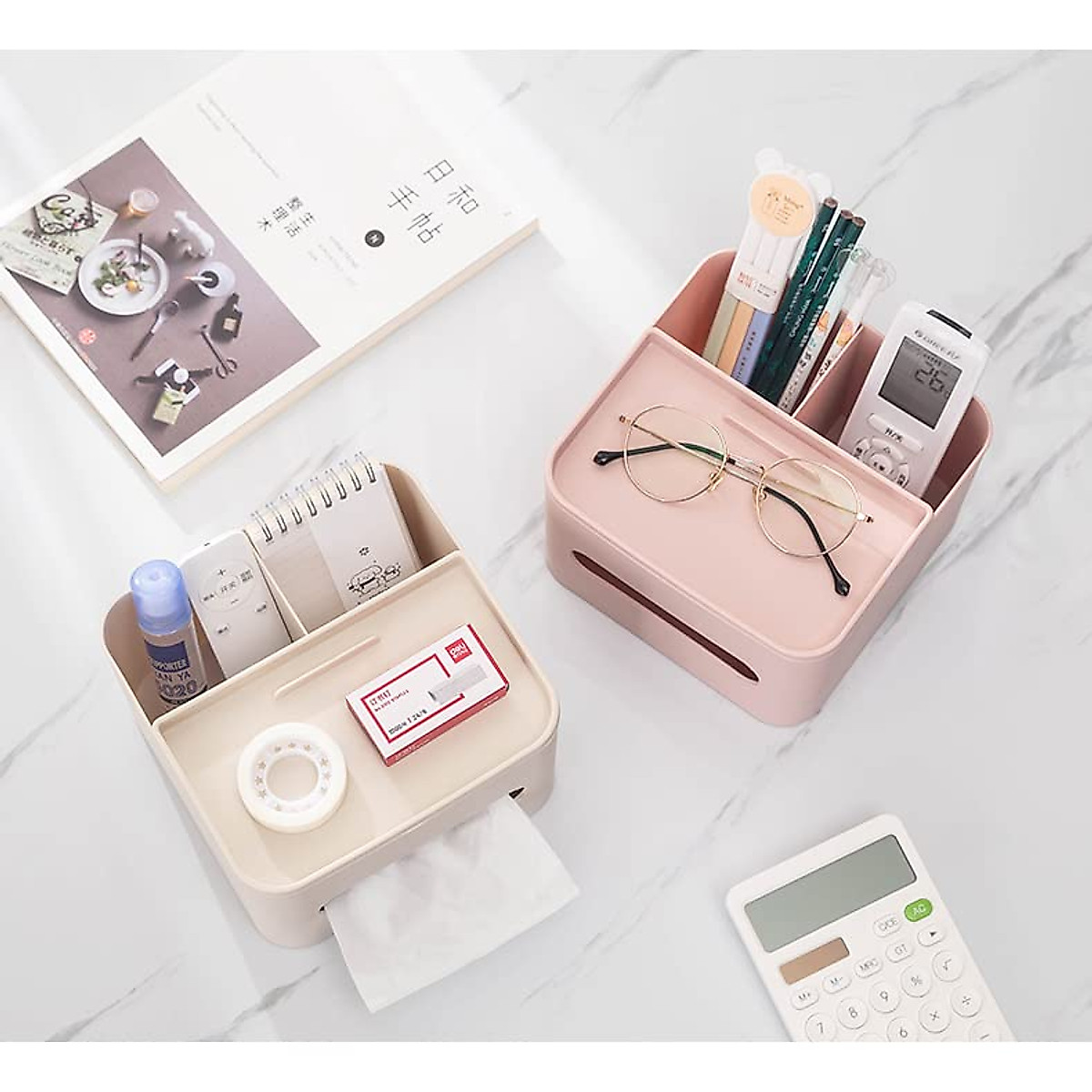 HornTide 5-in-1 Tissue Box 7.8inch Multifunction Countertop Organizer 3x Compartments 1x Tray Boutique Stationery Storage Caddy HIPS Plastic (Pink)