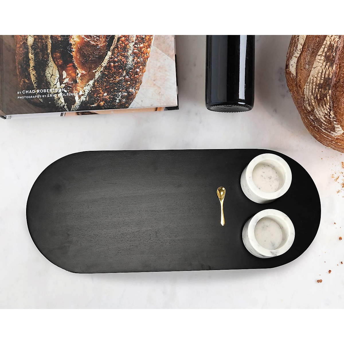 Bloomingville Bloomingville Mango Wood Tray with 2 Marble Bowls and Gold Finish Stainless Steel Spoon, Set of 4