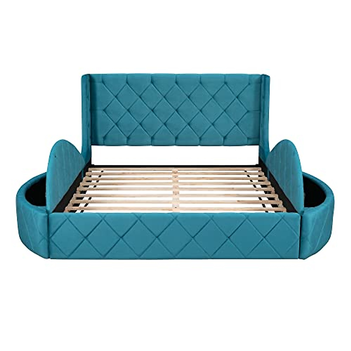 HBRR Queen Size Storage Bed Frame, Velvet Upholstered Platform Bed with Wingback Headboard, 1 Big Drawer and 2 Side Storage Stool, No Box Spring Needed, Easy Assembly, Blue