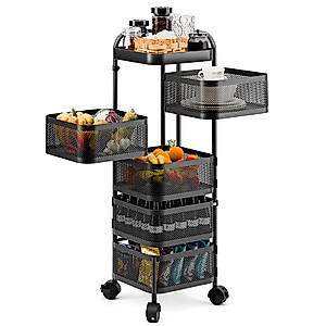 Rotating Kitchen Storage Rack , Round Metal Storage Basket Shelves, 360° Rotating Tower Organizer with Rolling Wheels, Multi-Layer Storage Shelf for Kitchen,Living,Room and Bathroom (Square 5 Layers)