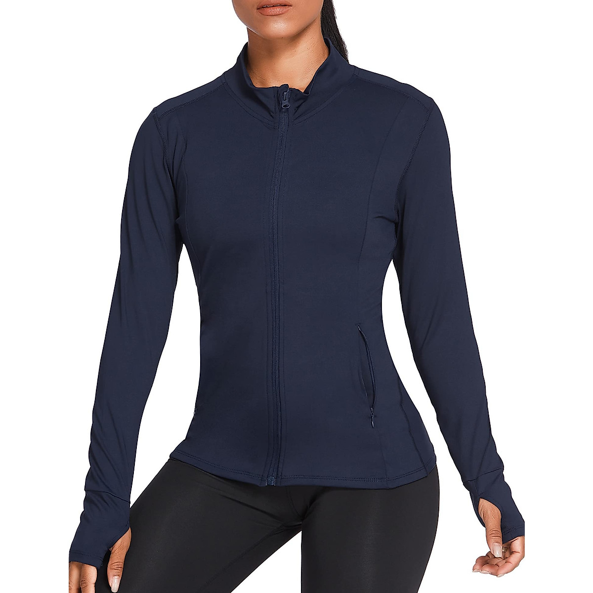 PINSPARK Women's Track Jacket Athletic Workout Running Jacket Full Zip Up Sportswear Lightweight Tops Navy Blue M