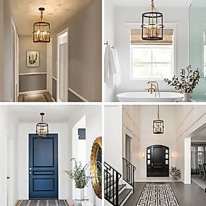 Modern Chandelier,4-Light Lantern Pendant Light,Matte Black and Brass Finish, Light Fixtures Ceiling Hanging,Chandelier Light Fixture for DiningRoom,Kitchen,Foyer,Entryway