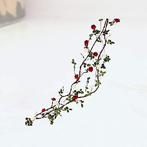 TENDYCOCO Artificial Hanging Plants Rose Vine Silk Fake Flower Greenery Wall Home Room Garden Wedding Indoor Outdoor Decorative Climbing Plants Photography Props (Red)