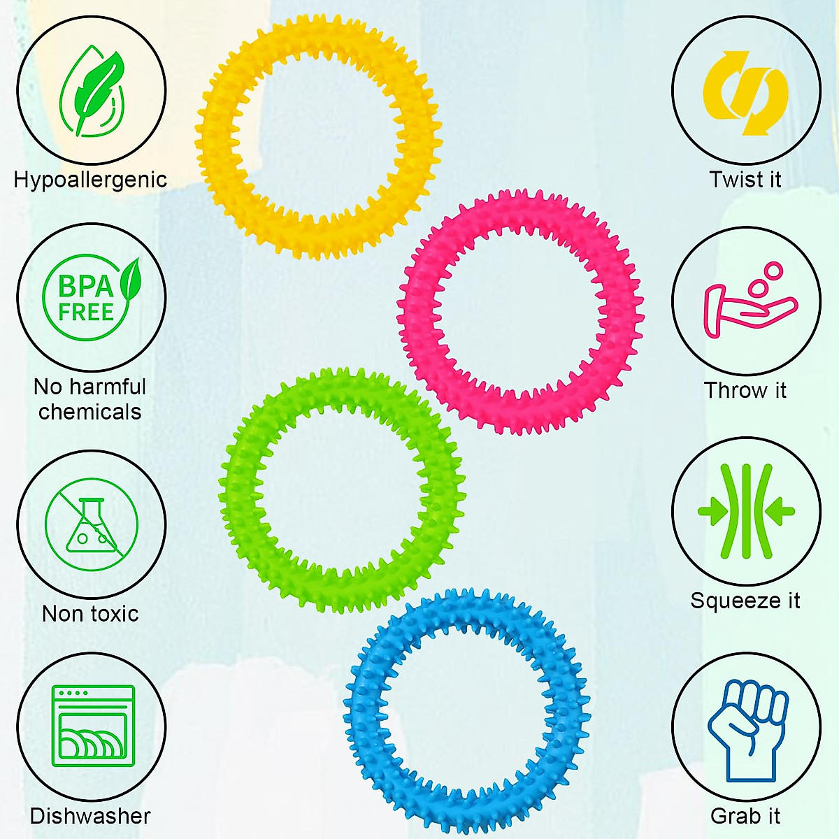 Jenaai 12 Pack Sensory Fidget Toys Spiky Sensory Ring and Bracelet Stretchy Soft Flexible and Rubber Spikes Stress Rings for Youth Adults Calm Reduce Stress (Red Blue Yellow Green)