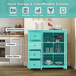 Giantex Buffet Sideboard with Storage - Kitchen Pantry Cabinet with 2 Doors, 4 Drawers, Adjustable Shelf, Freestanding Cupboard Credenza for Kitchen Living Room (Green)