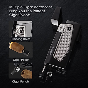 All-in-one Cigar Lighter with Quad Jet Torch Flames, Cigar Stand, Cigar Punch, Cigar Draw Enhancer, Cigar Accessories 4-in-1, Stylish Gifts for Men, Refillable Cool Butane Lighters for Smoking, Candle