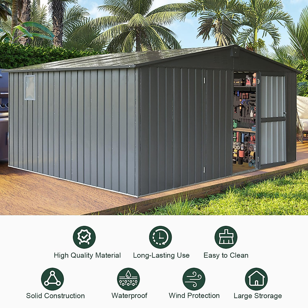 Domi 11x12.5FT Outdoor Storage Shed, Large Size Metal Outdoor Storage Cabinet with Lockable Doors, Windows, Galvanized Steel Storage House for Backyard, Patio, Garden, Lawn, Grey