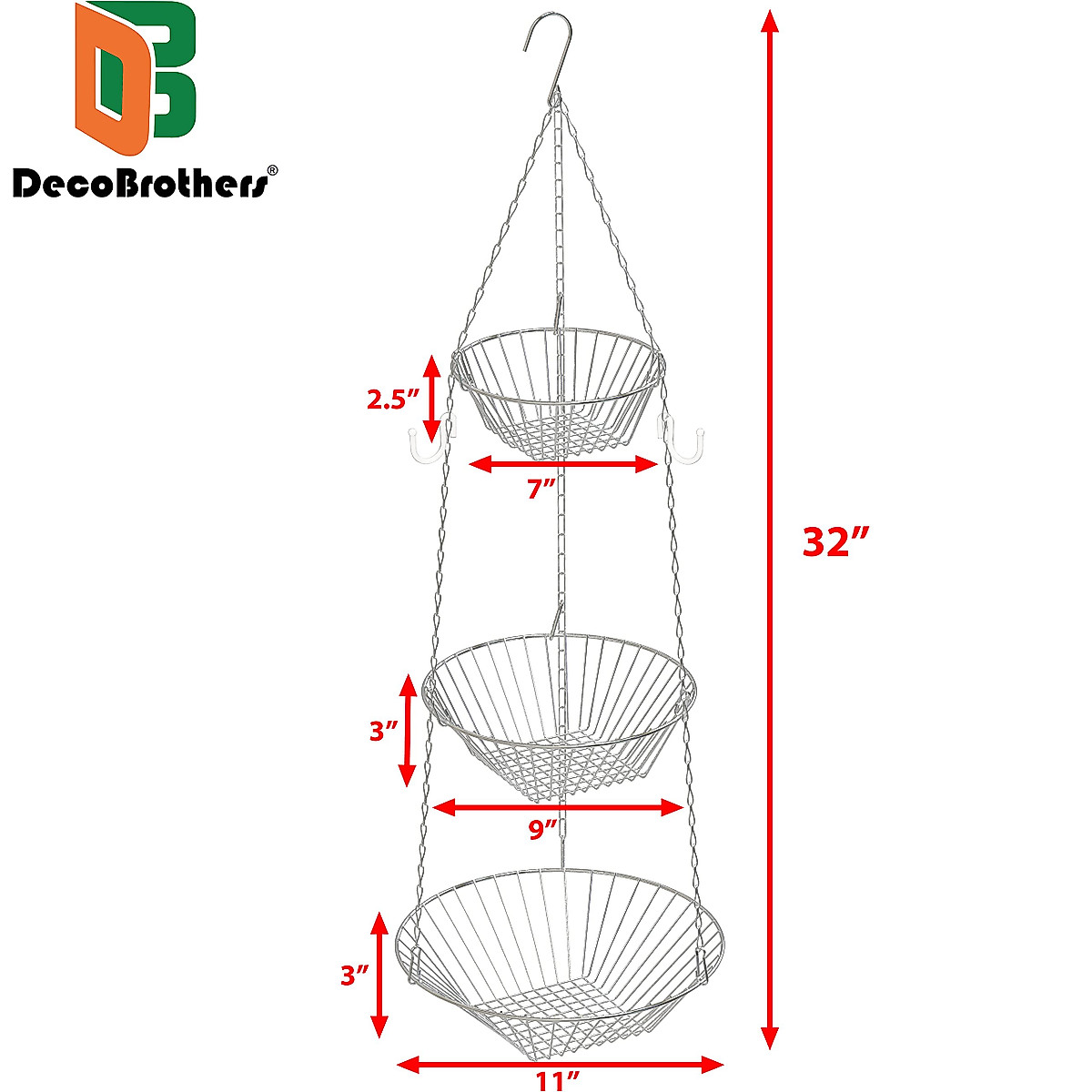 DecoBros Hanging Fruit Basket 3-Tier, Chrome