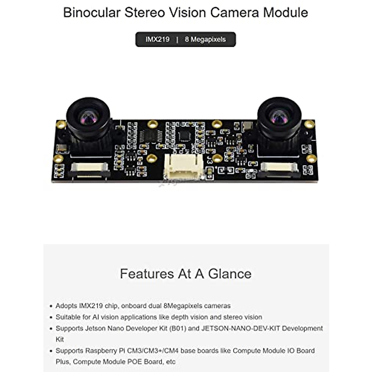 XYGStudy IMX219-83 Stereo Binocular Camera Sensor Module 3280x2464 8MP AI Depth Stereo Vision Dual IMX219 Supports Raspberry Pi 5 RPi CM3/CM3+ Compute Module POE IO Board/Jetson Nano B01