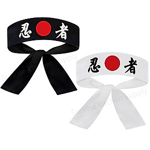 SUNRISE Japanese Sushi Chef Hachimaki Karate Headband 2 Piece (Black/White Ninja)