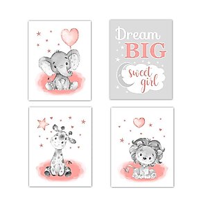 Coral Baby Girl Nursery Art Elephant Giraffe Lion Wall Decor 4 UNFRAMED PRINTS