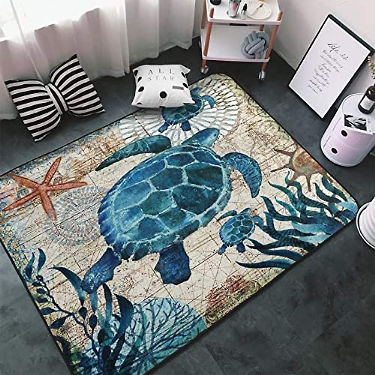 Soft Area Rug for Living Room,Nautical Blue Sea Turtles Beach Theme Ocean---1,Large Floor Carpets Doormat Non Slip Washable Indoor Area Rugs for Bedroom Kids Room 4 x 5.3Ft