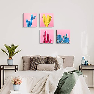 Creoate Pink Cactus Wall Art for Living Room Decor, 4 Panels Tropical Plant Picture Framed Canvas Print Artwork Set Wall Decor…