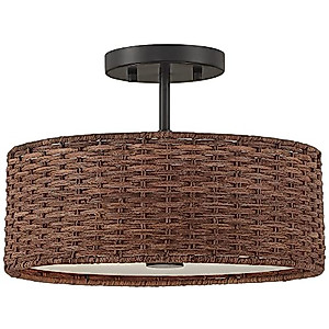 Possini Euro Design Hampton Modern Ceiling Light Semi Flush-Mount Fixture 13 1/4" Wide Soft Gold 2-Light Dark Weave Rattan Drum Shade for Bedroom Kitchen Living Room Hallway Bathroom House Home