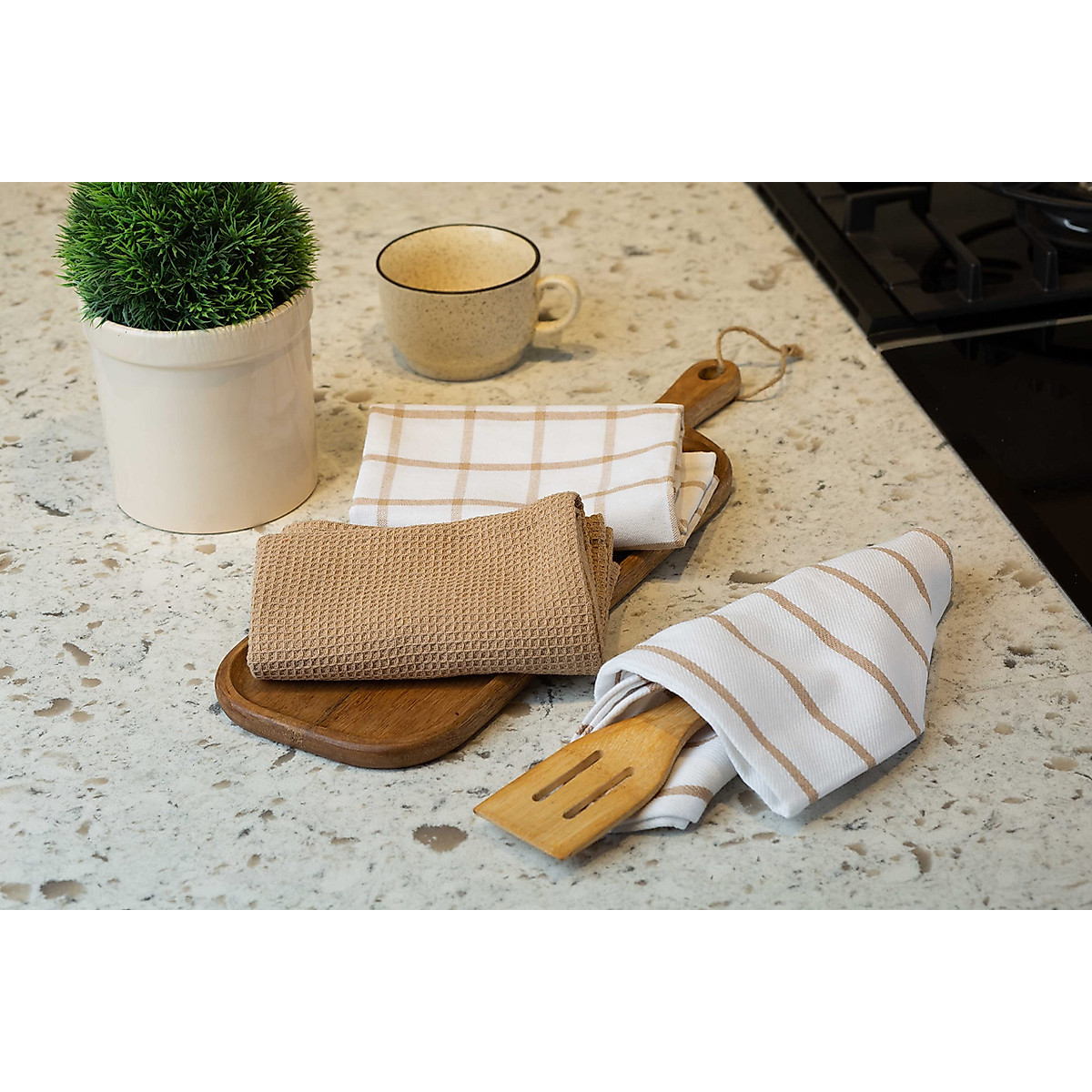 LANE LINEN Kitchen Towels Set - Pack of 6 Cotton Dish Towels for Drying Dishes, 18”x 28”, Kitchen Hand Towels, Tea Towels, Premium Dish Towels for Kitchen, Quick Drying Kitchen Towel Set - Beige