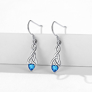ChicSilver 925 Sterling Silver Irish Celtic Earrings Hypoallergenic Ocean Blue Aquamarine Topaz March Birthstone Gem Stone Heart Dangle Drop Earrings Celtic Knot Jewelry