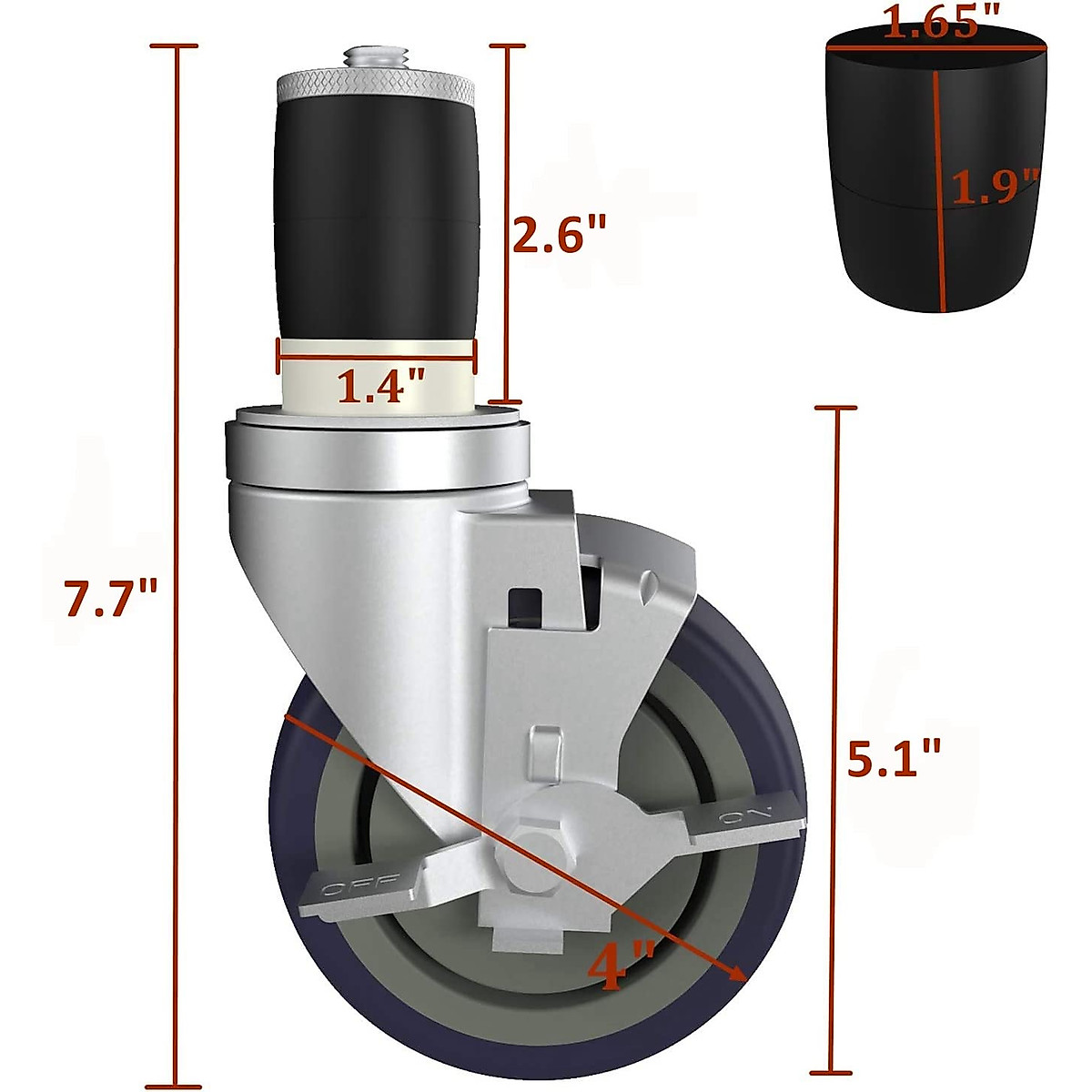 MySit 4 inch Work Table Caster Wheels for Commercial Kitchen Prep Tables, Expanding Stem Casters Set of 4 with Locking Brakes Fit Both 1-1/2" and 1-5/8" Leg Tube Adapter for Stainless Steel Worktable