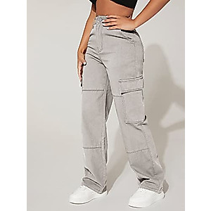 MakeMeChic Women's Cargo Jeans High Waist Flap Pocket Straight Leg Denim Pants Petite Light Grey Petite M