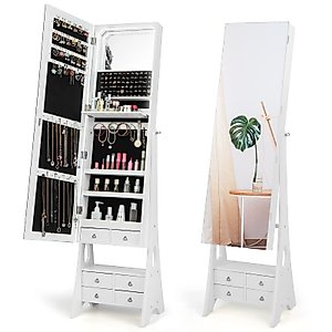 GOFLAME Jewelry Cabinet Freestanding, LED Lighted Jewelry Armoire with Full-length Frameless Mirror, Foldable shelf, 6 Drawers, Lockable Mirrored Jewelry Cabinet with 3 Adjustable Angle (White)