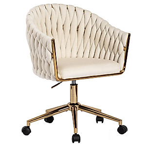 linting Velvet Office Desk Chairs Vanity Chairs with Gold Base Height Adjustable Mid Back Makeup Chairs with Wheels for Women, Hand-Woven Accent Chairs Armchair, Beige