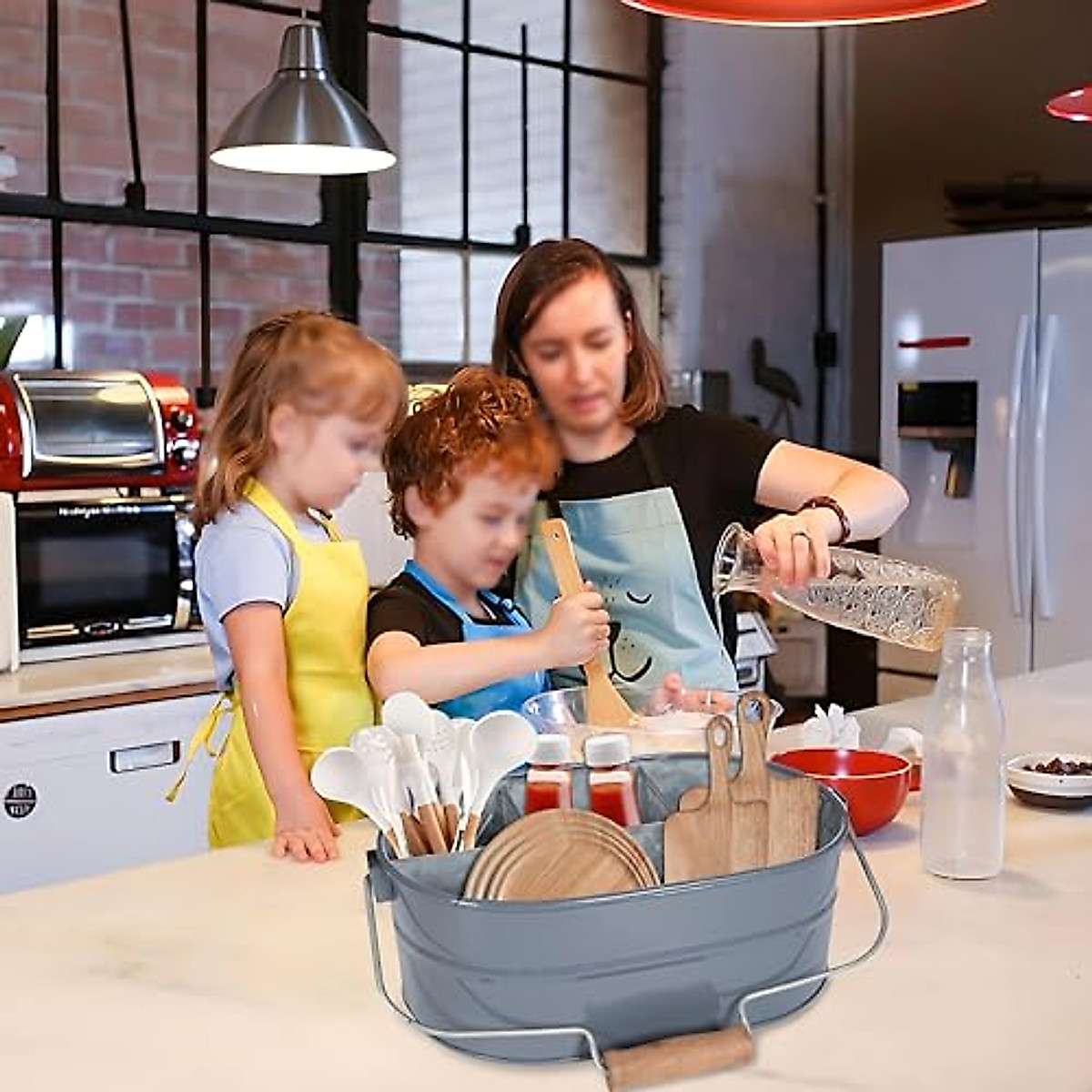 Farmhouse Utensil Caddy with 4 Compartments and Wooden Handle for Flatware, Condiments, Party Cutlery - Galvanized Metal Caddy for Indoor/Outdoor Use - Charcoal