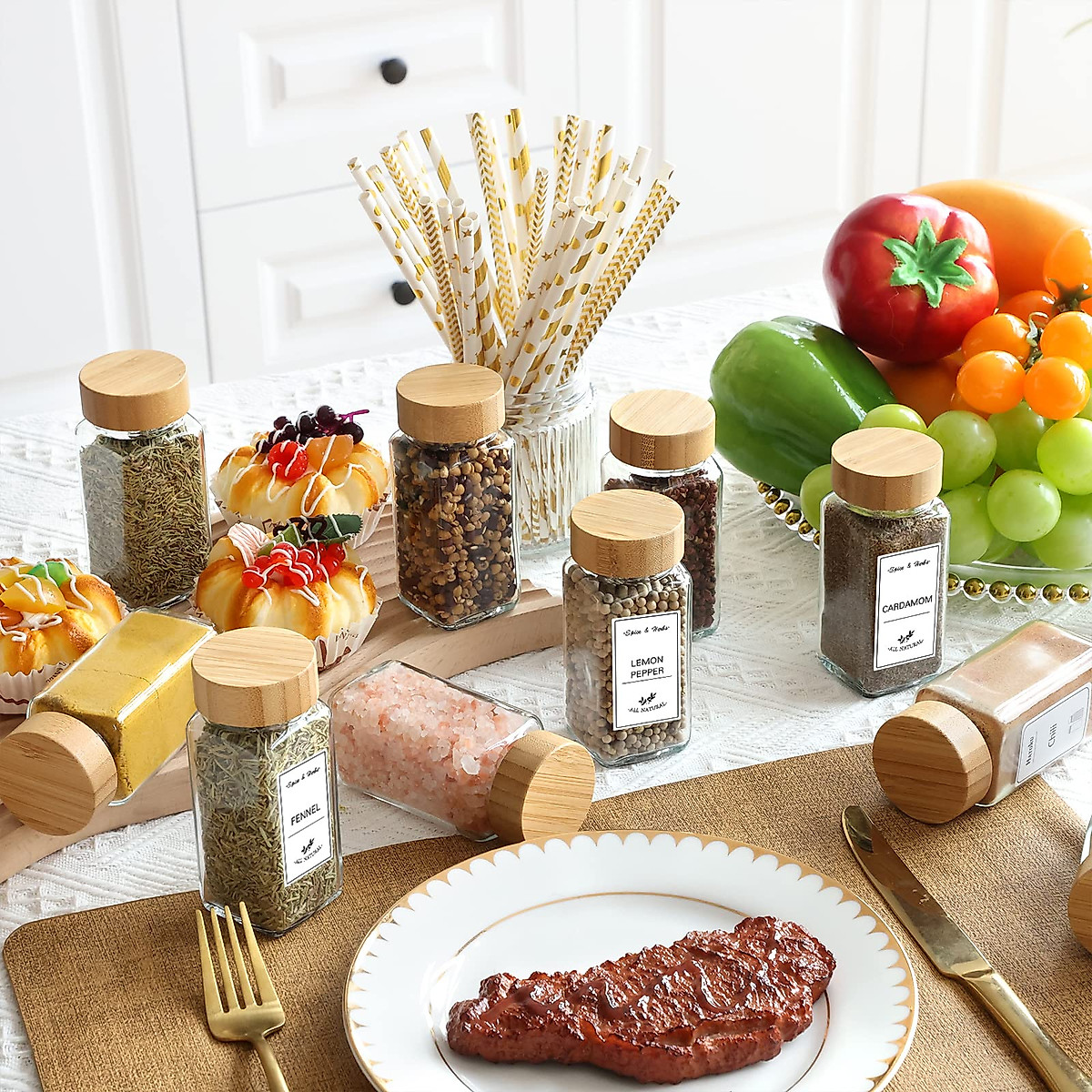 CUCUMI 36pcs 4oz Spice Jars with Labels, Glass Spice Jars with Bamboo Lids, Shaker Lids, Silicone Collapsible Funnel, Waterproof Labels, Test Tube Brush and Chalk Marker