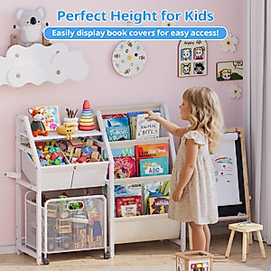 Kids Bookshelf and Toy Storage Organizer - 3 Tier Book Shelf for Kids Rooms with Movable Drawer, Kids Bookcase with 2 Toy Bins, Toddler Baby Childrens Bookshelf, for Bedroom Playroom Classroom (White)