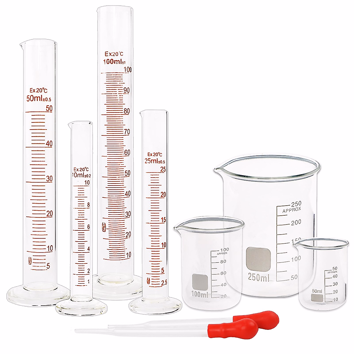 SUPERLELE Glass Graduated Cylinder Set 10ml 25ml 50ml 100ml, Thick Glass Beaker Set 50ml 100ml 250ml with 2 Droppers