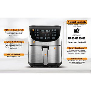 Gourmia Air Fryer Oven Digital Display 7 Quart Large AirFryer Cooker 12 Touch Cooking Presets, XL Air Fryer Basket 1700w Power Multifunction GAF778 Black and stainless steel air fryer FryForce 360°