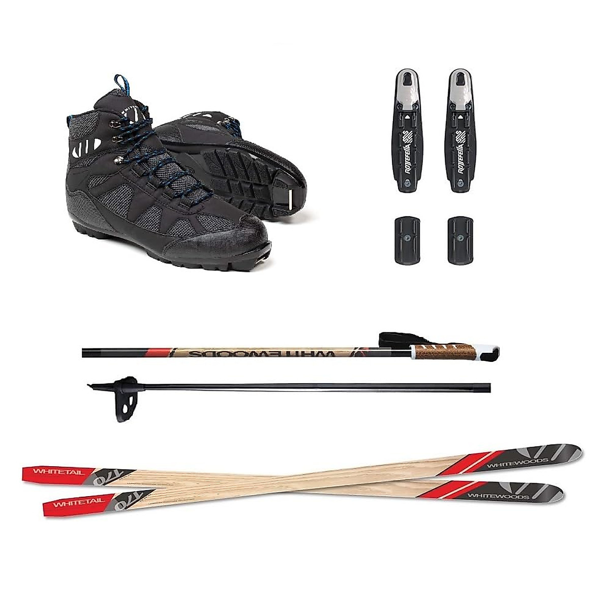 Whitewoods Whitetail Adult Metal Edge Cross-Country NNN Ski Package - Skis, Boots, Bindings, Poles | 190CM (for Skiers 176+ lbs.) (EU Boot Size: 44)