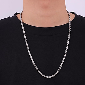 Fiusem Silver Tone Chain Necklace for Men, 5mm Mens Chain Necklace, Stainless Steel Rope Chain for Men and Women, Mens Necklace 20 Inch