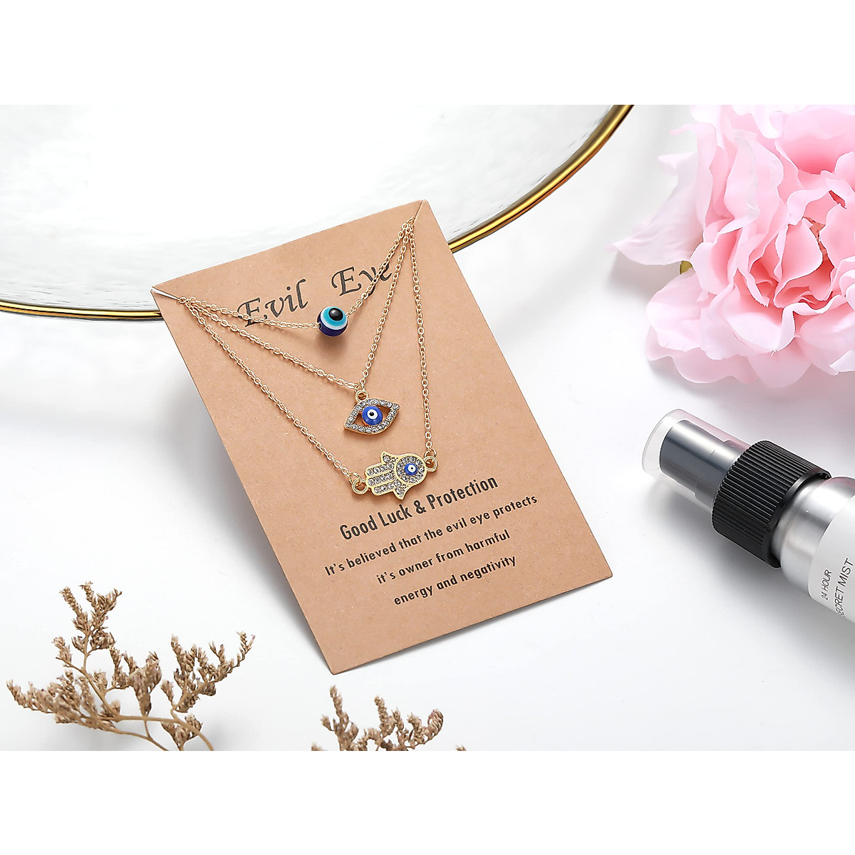 Baydurcan Gold Dainty Evil Eye Necklace and Hamsa Necklace Turkish Blue Eye Hand Pendant Necklace 3pcs Lucky Protection Jewelry Gift for Women Teenagers