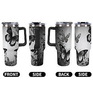 Black Gray Butterflies Insulated Stainless Steel Travel Mug, 40 Oz Tumbler with Handle And Straw Double-Wall Vacuum Coffee Cup, Leak-Proof Lid, Keeps Drinks Hot/Cold for Hours