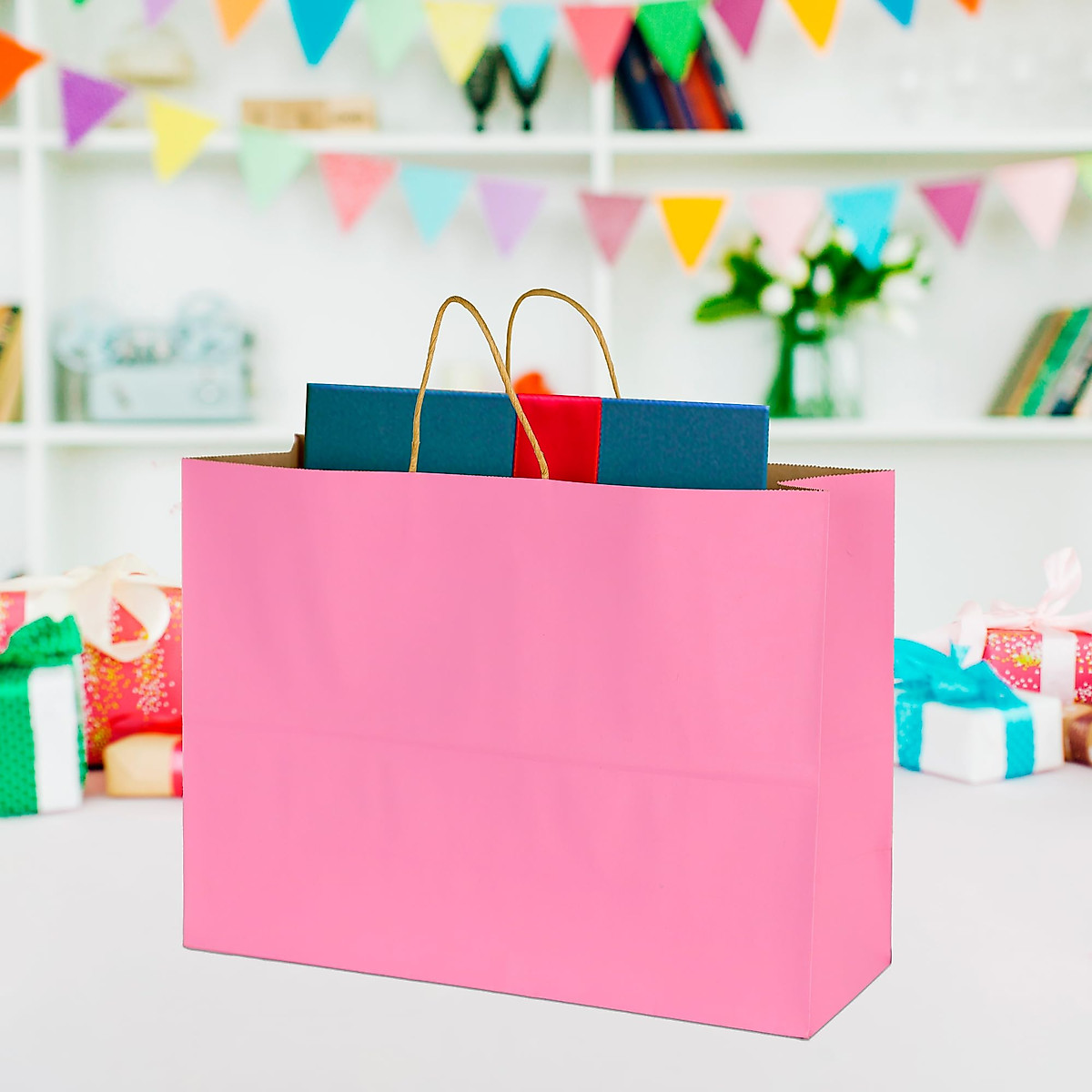 BLEWINDZ 70Pcs Pink Gift Bags Large 16x6x12 Inches Kraft Paper Bags with Handles Bulk – Goodie Bags Shopping Bags for Grocery Merchandise