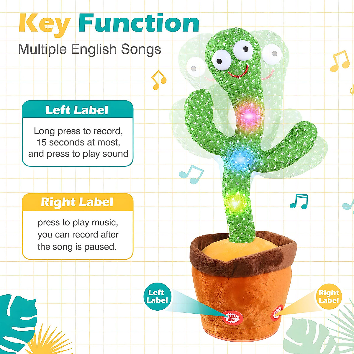 Baby Toys Dancing Talking Cactus for Boys Girls,Dancing Singing Talking Recording Mimic Repeating What You Say Cactus Toy with 120 English Songs Electronic Light Up Plush Cactus Give for Kids Gifts