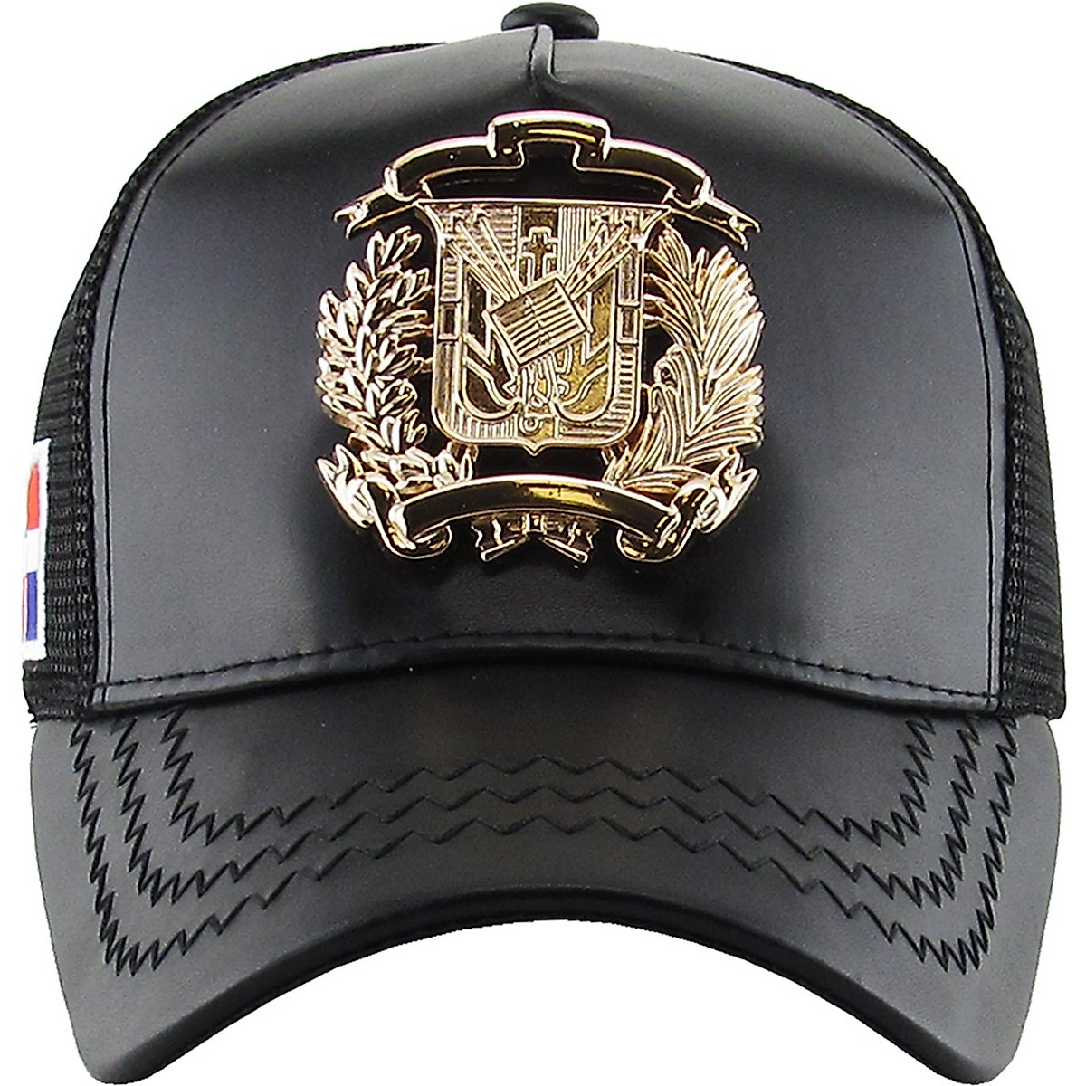 KBVT-DR001 BLK (GLD) Dominican Republic Gold Badge Wolf Rooster Tuna Trucker Cap Adjustable Snapback Hat