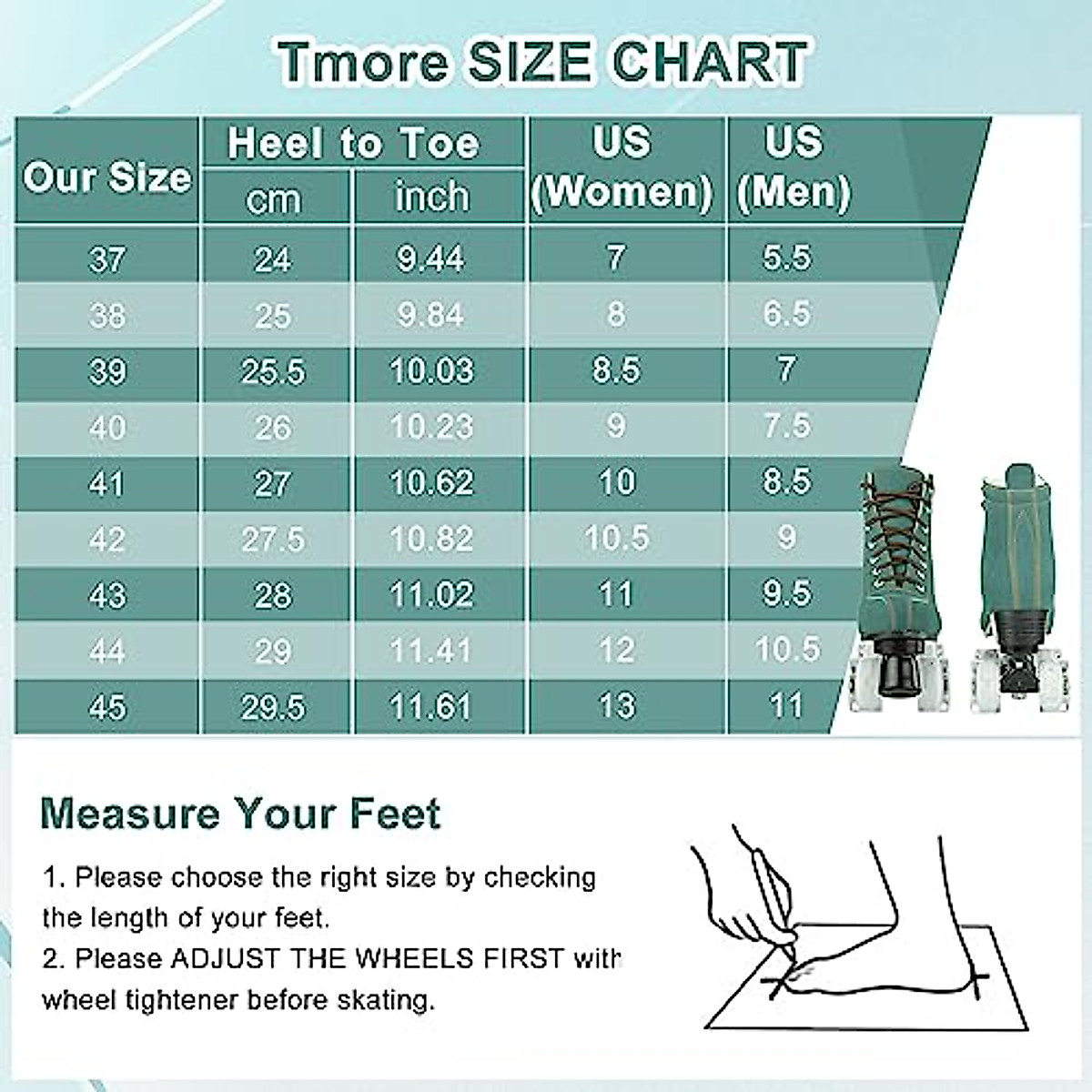 Tmore Roller Skates for Women and Men, Classic Double-Row Roller Skate High-Top Four Light up Wheels Premium Sueded Leather Outdoor Indoor Roller Skates for Adults and Teens (Green Black Wheel,41)