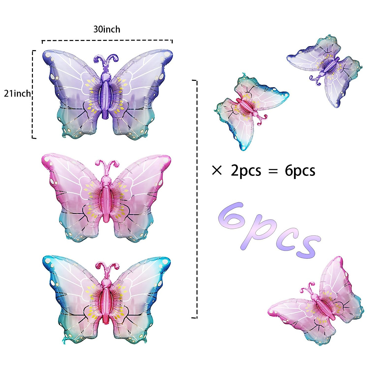 6pcs Butterfly Balloons Purple Pink Blue Gradient Butterfly Aluminum Foil Balloons for Butterfly Flower Jungle Party Birthday Baby Shower Fairy Supplies