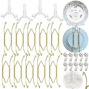 Daily Treasures 10Pcs Plate Hangers, 6 Inch Wall Plate Hangers with 40Pcs Tip Protectors, 10Pcs Wall Hooks & 4Pcs Plastic Easel Stands-Invisible Wire Plate Hanger Holders for Decorative Plates and Art