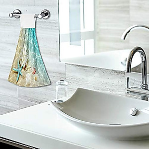 KOCOART Summer Starfish Seashell Hand Towels Beach Hanging Tie Towel with Loop 2PCS, Fingertip Dish Towel for Kitchen Bathroom Soft Super Absorbent Washcloth 12x17 in