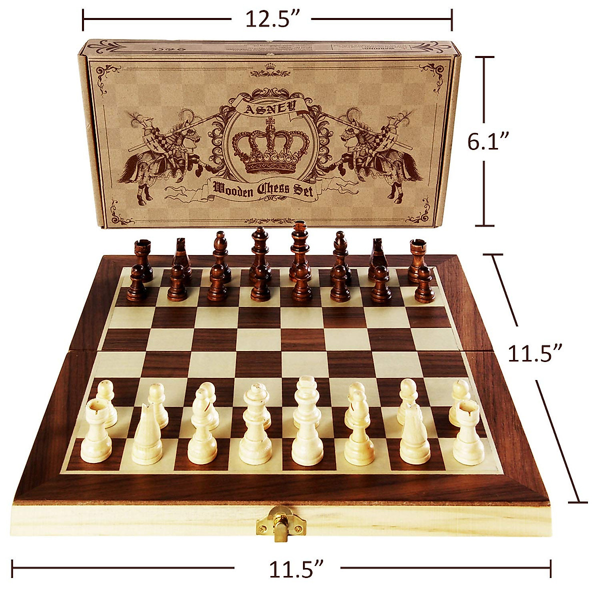 ASNEY Upgraded Magnetic Chess Set, 12” x 12” Folding Wooden Chess Set with Magnetic Crafted Chess Pieces, Chess Game Board Set with Storage Slots, Includes Extra Kings, Queens and Carry Bag