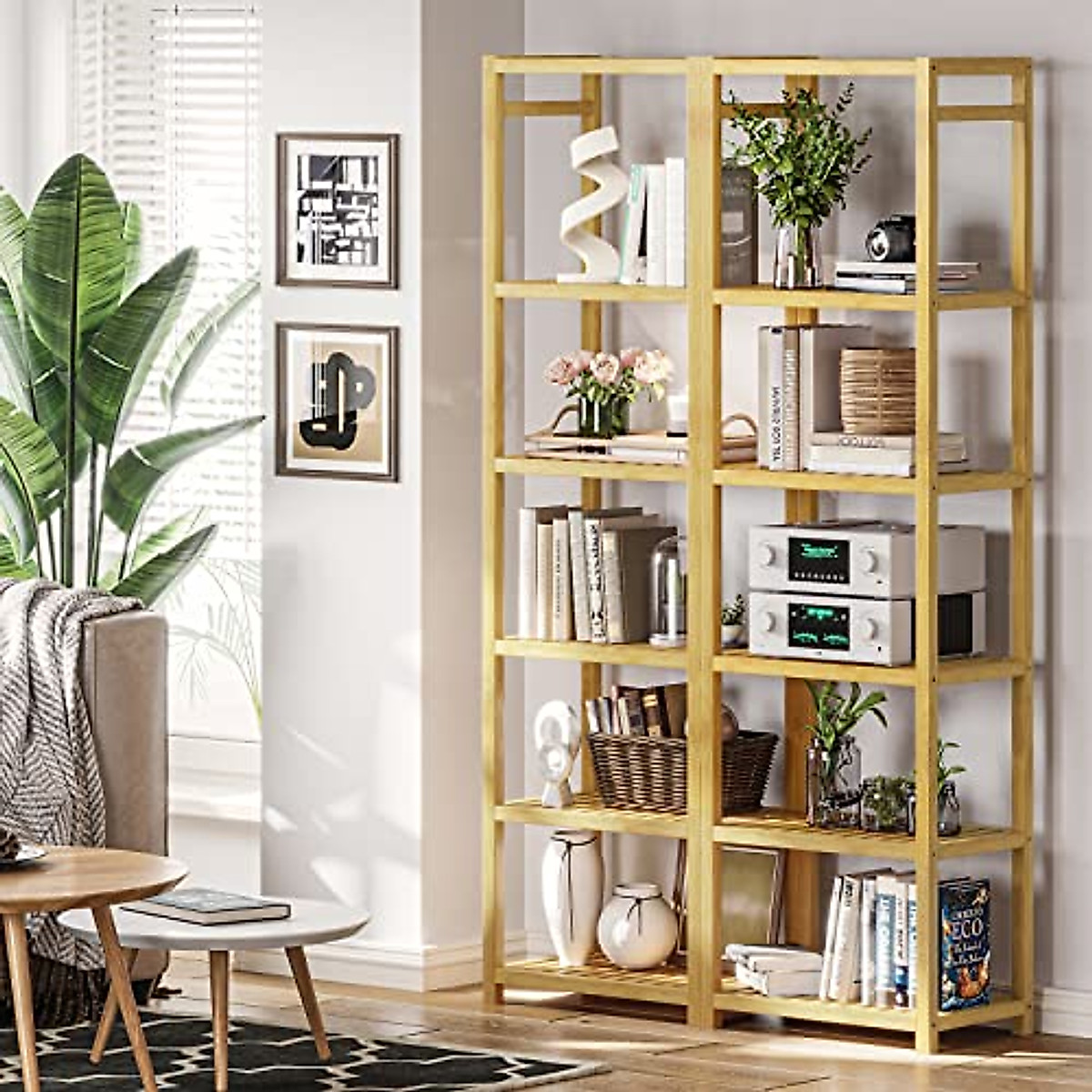 VIAGDO Bamboo Bathroom Shelf 6-Tier, 64.2" Height Narrow Shelving Unit, Multifunctional Storage Rack, Plant Stand Wood Corner Shelf for Kitchen, Livingroom, Hallway, Bathroom Storage Organizer Shelf