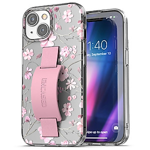 ENCASED Finger Loop Case, Designed for iPhone 15 Plus (2023) Hand Strap Clear Cover with Silicone Grip Phone Holder (Pink Flowers)