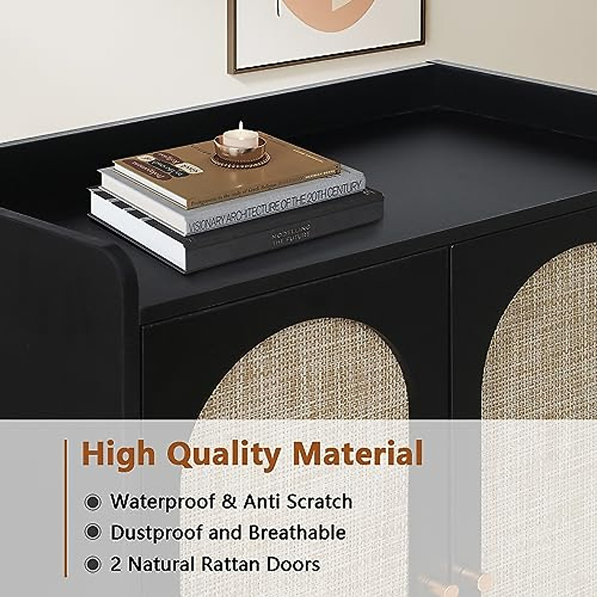 Rattan Sideboard Buffet Cabinet, Accent Storage Cabinet with Handmade Natural Rattan Doors, Free Standing Shoe Rack with Rattan Doors, Natural Rattan Shoe Cabinet Organizer for Bedroom (Black)