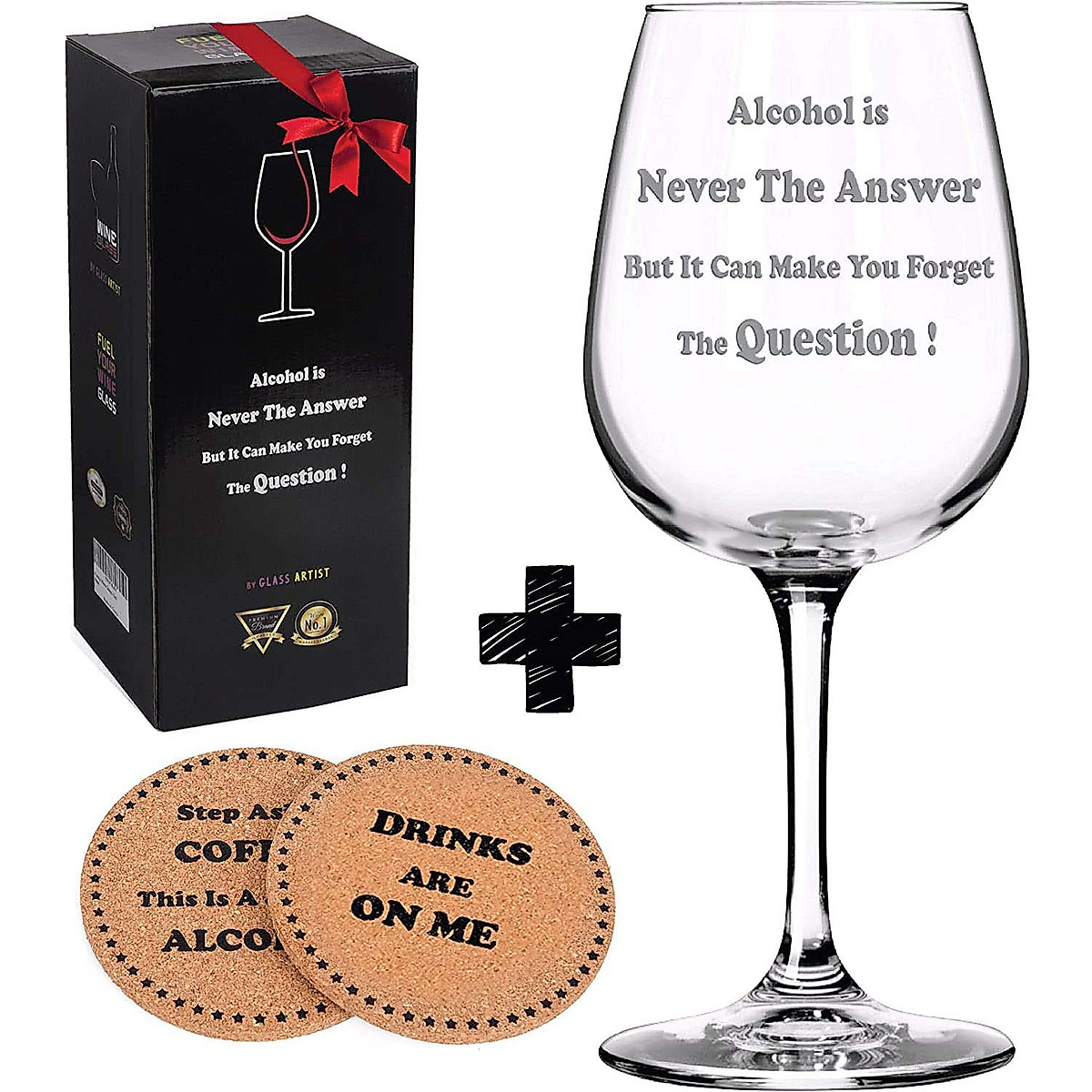 Vaci Funny Wine Glass with 2 Drink Coasters | Dishwasher Safe 15 Oz. Crystal Glass | Alcohol is Never The Answer | Fun Novelty Gift | Great for Bachelor's Parties, Birthdays, Restaurants, Bars & More