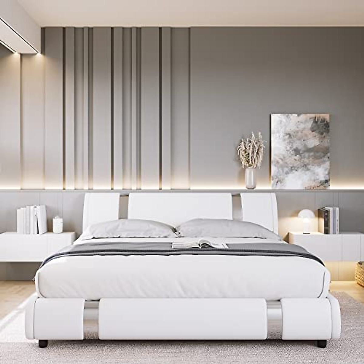 Keyluv Modern Faux Leather Upholstered Platform Bed Frame with Mirror Metal Decoration Headboard, Curved Headboard, Wooden Slats Support, No Box Spring Needed, Queen Size, White
