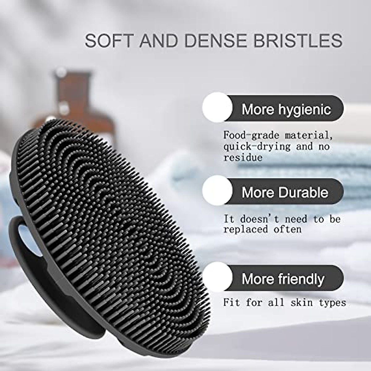 INNERNEED Food-grade Soft Silicone Body Scrubber Shower Brush Handheld Cleansing Skin Brush, Gentle Exfoliating and Lather Well (Black)