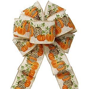 8" Orange Pumpkin Leopard Fall Wreath Bows by Alpine Holiday Bows - Fall Bows for Wreaths & Lanterns - Cheetah Thanksgiving Wreath Bows for Fall - Wired Pumpkin Bows